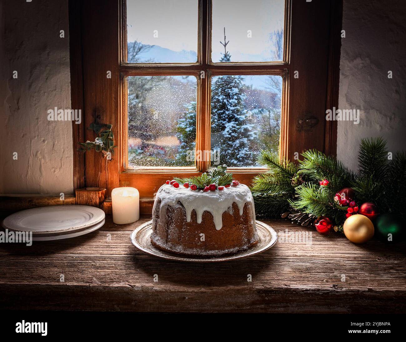 cake in a an old cottage window vintage style Christmas Stock Photo - Alamy