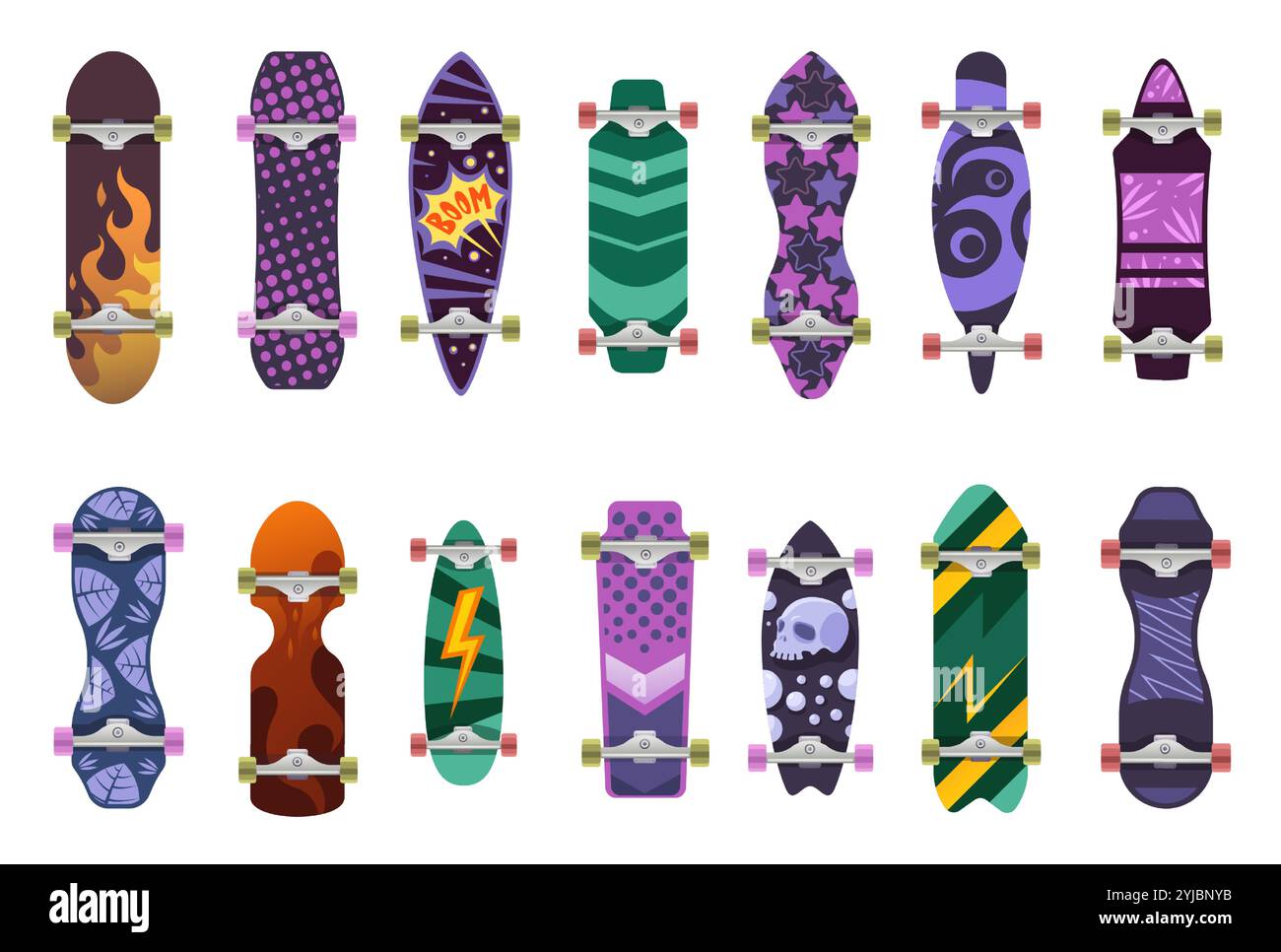 Colored skateboard. Cartoon skateboards of different shapes and colors ...
