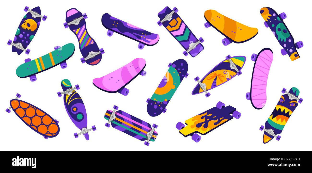 Cartoon skateboards. Retro wooden boards with wheels, skateboard and ...