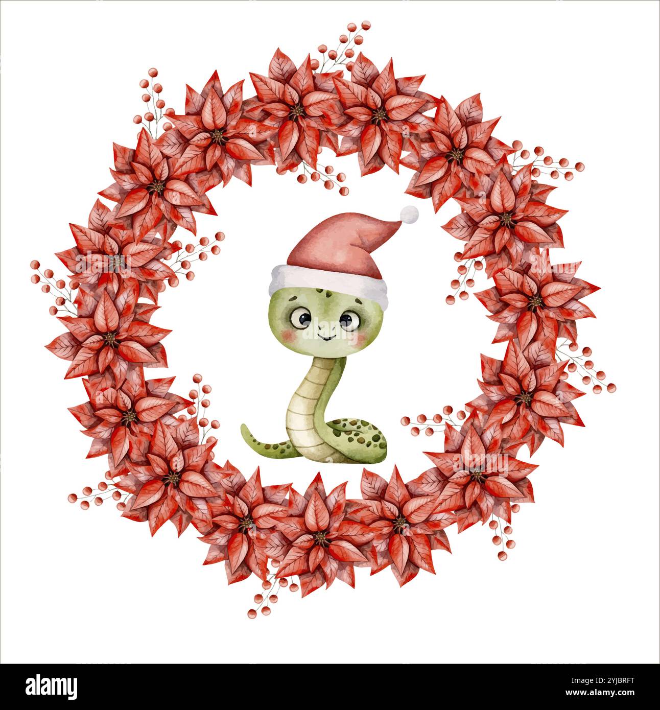 New Years Christmas hand drawn watercolor wreath of poinsettia and ...