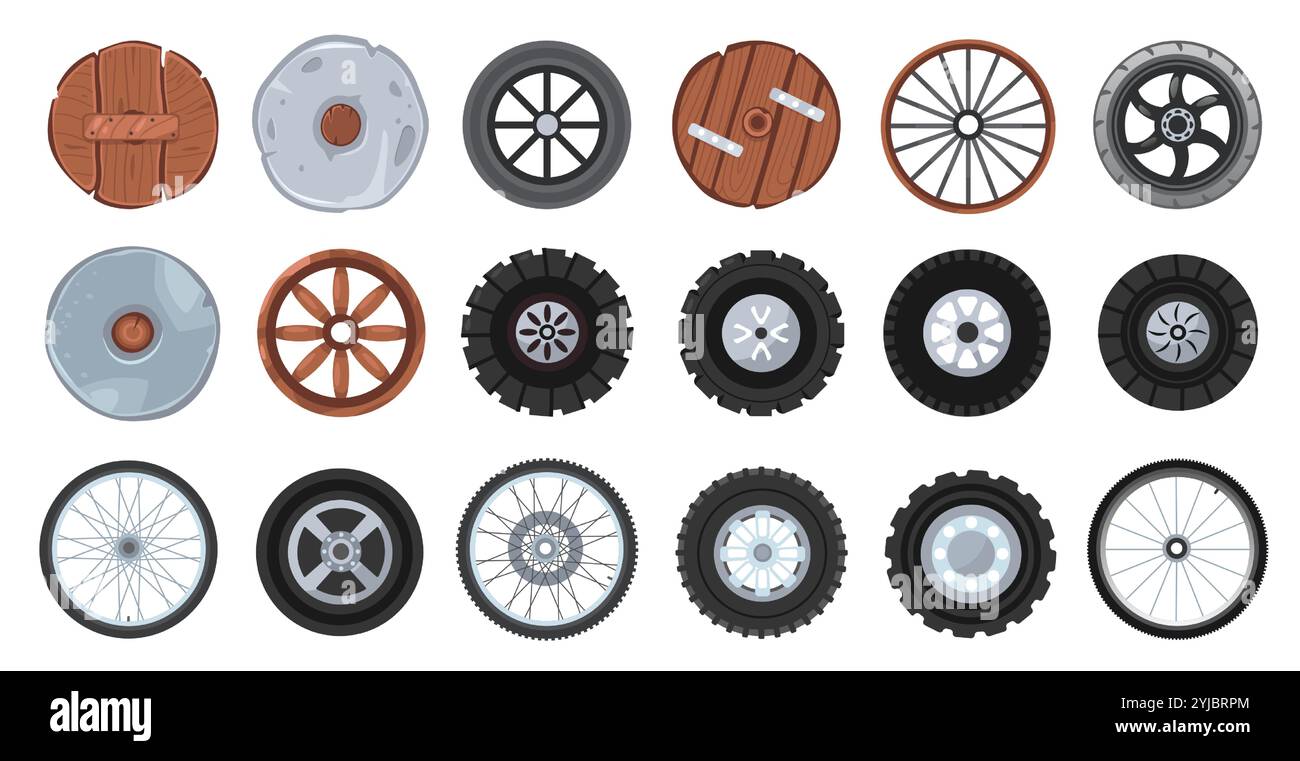 Cartoon transport wheel. Vintage and modern car tire with rim, vehicle ...