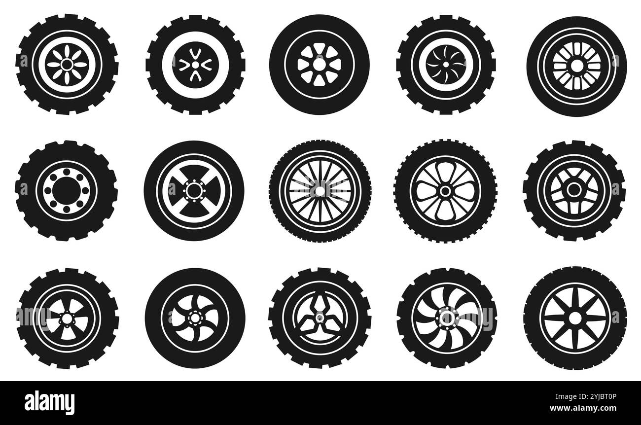 Car wheel icons. Flat automobile transport spare parts, tire rim brake ...