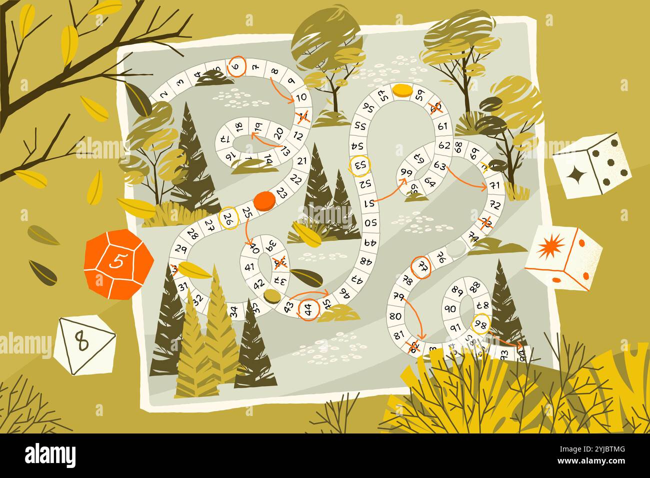 Kids board game. Cartoon children playing snakes and ladders game, funny group of people on ...