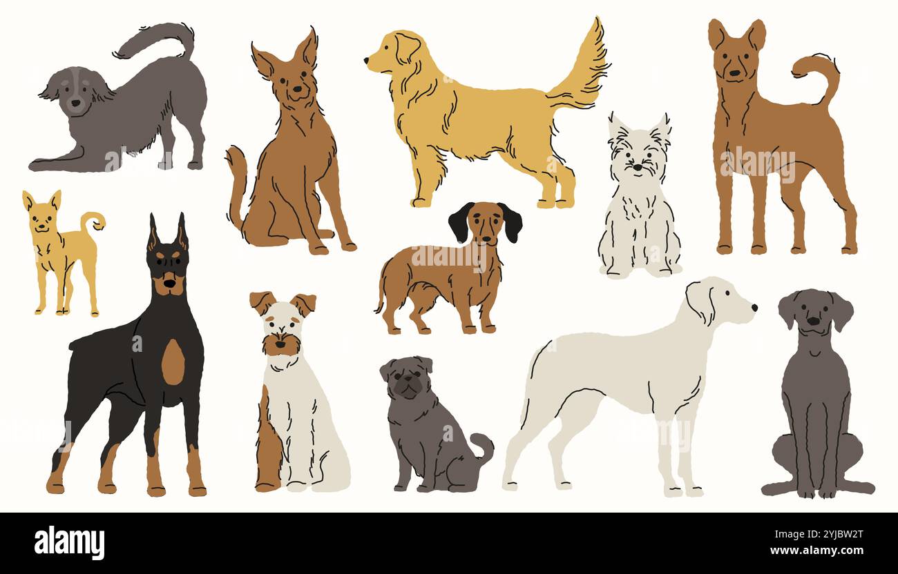 Dog breeds. Cute cartoon puppies, funny flat canines different breeds ...