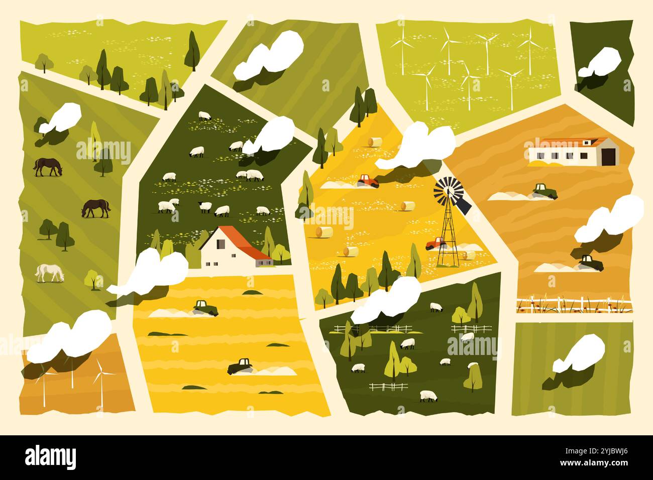 Cute rural map. Cartoon countryside village with farm houses and forest ...