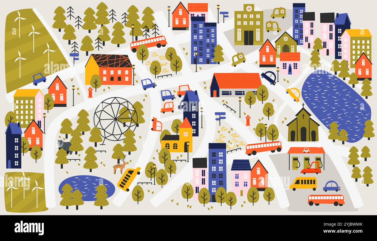 Cute town map. Cartoon hand drawn village with houses, trees and ...
