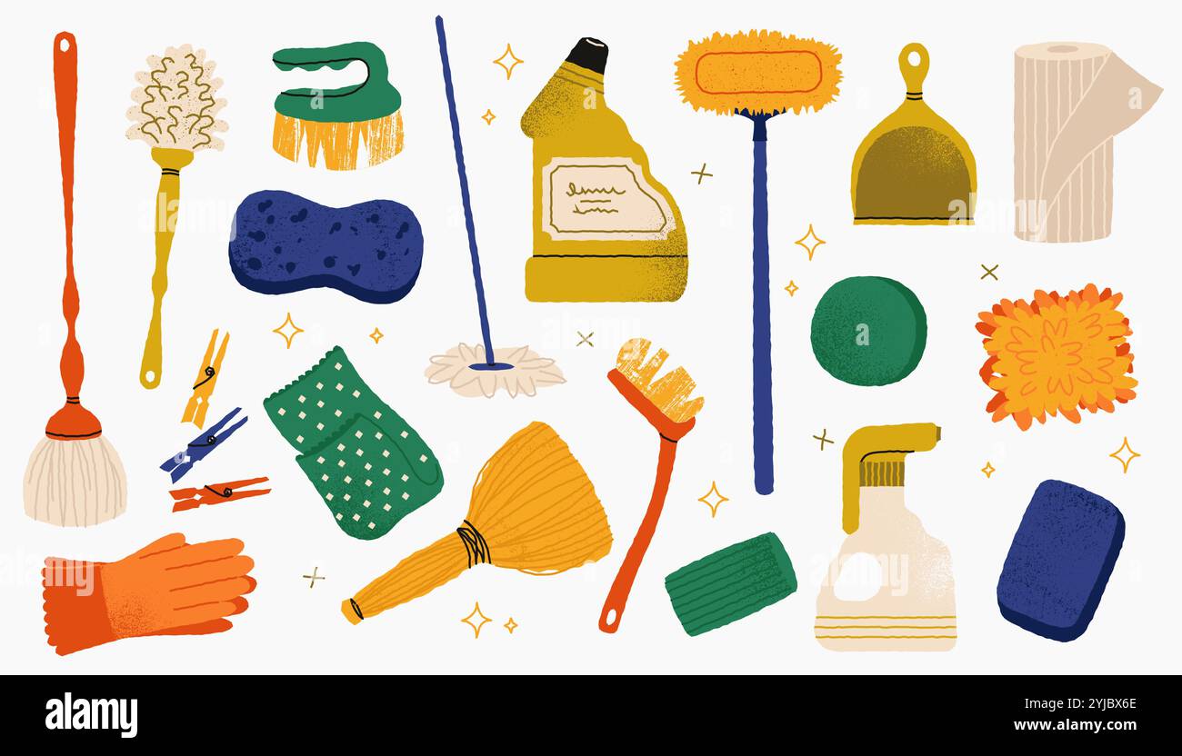 Cleaning supplies. Doodle housework tools and equipment, cartoon broom ...