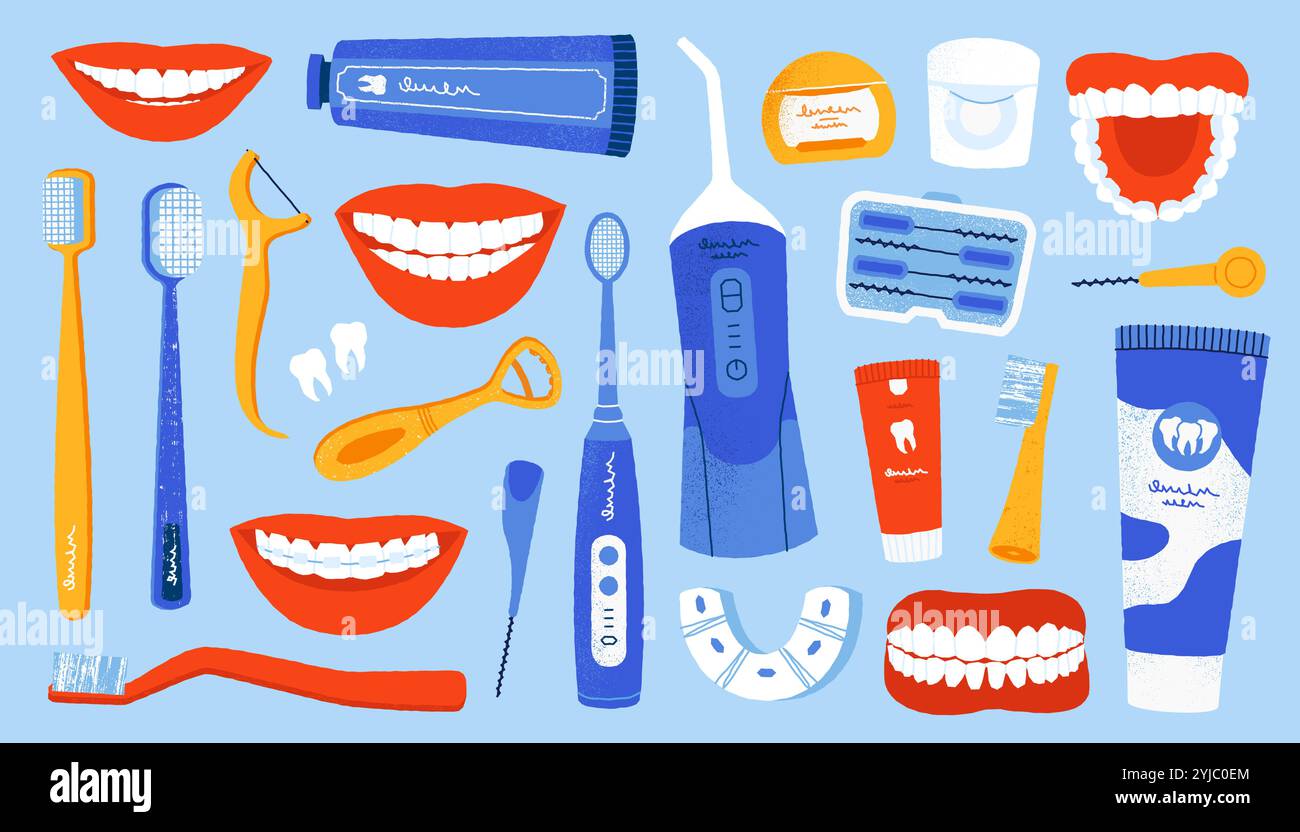 Oral hygiene cleaning tools. Cartoon teeth brush floss and mouthwash ...