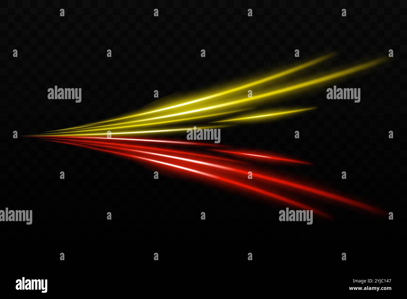 Yellow and red light glare beam. A sharp curved beam reflection. Sci-fi designs, light ...