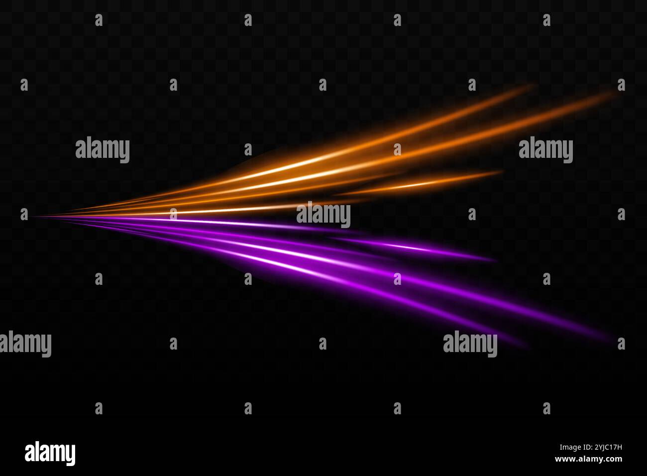 Orange and purple light glare beam. A sharp curved beam reflection. Sci ...