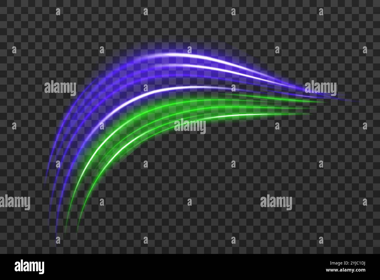 Green and blue light glare beams with a sharp curved reflection. Sci-fi ...
