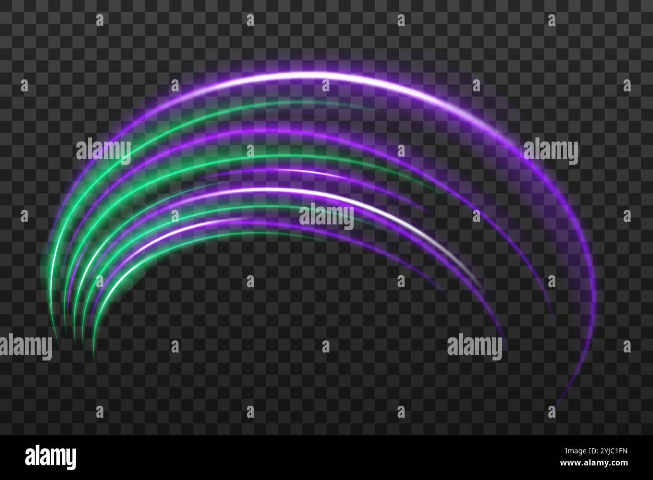 Green and purple light glare beams with a sharp curved reflection. Sci ...