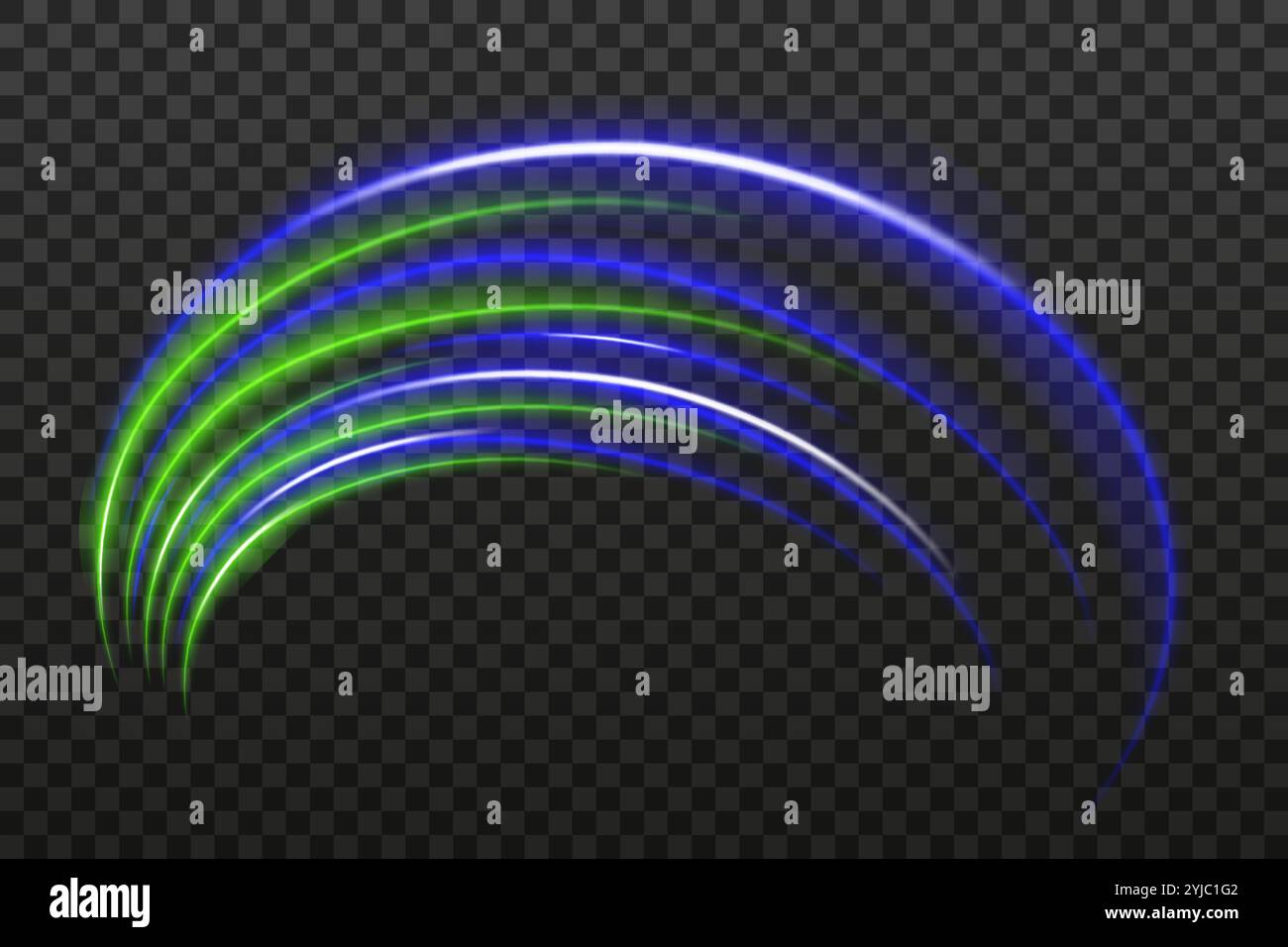 Green and blue light glare beams with a sharp curved reflection. Sci-fi ...