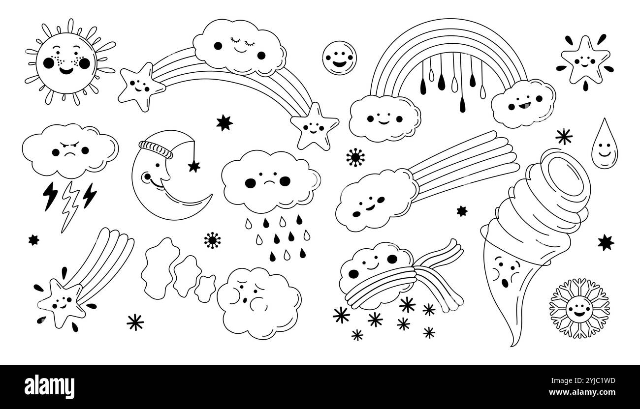 Cute line weather characters. Cartoon funny happy sad angry and sleepy ...