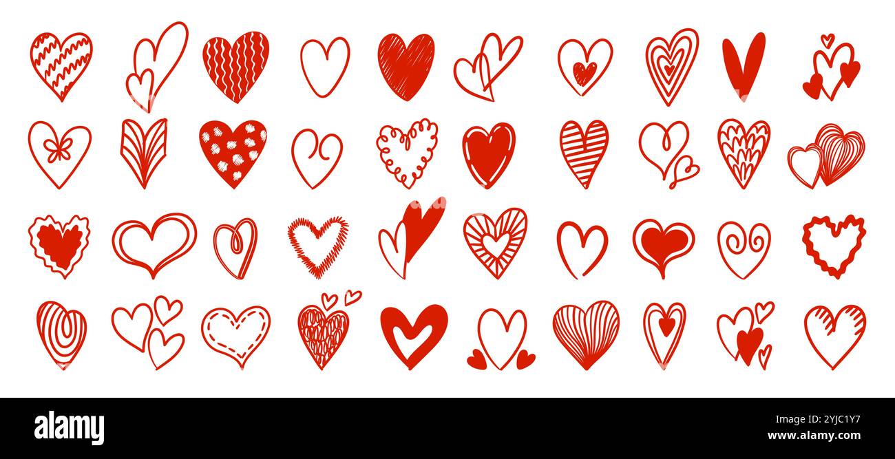 Doodle red hearts. Abstract hand drawn romantic symbols with lines and ...