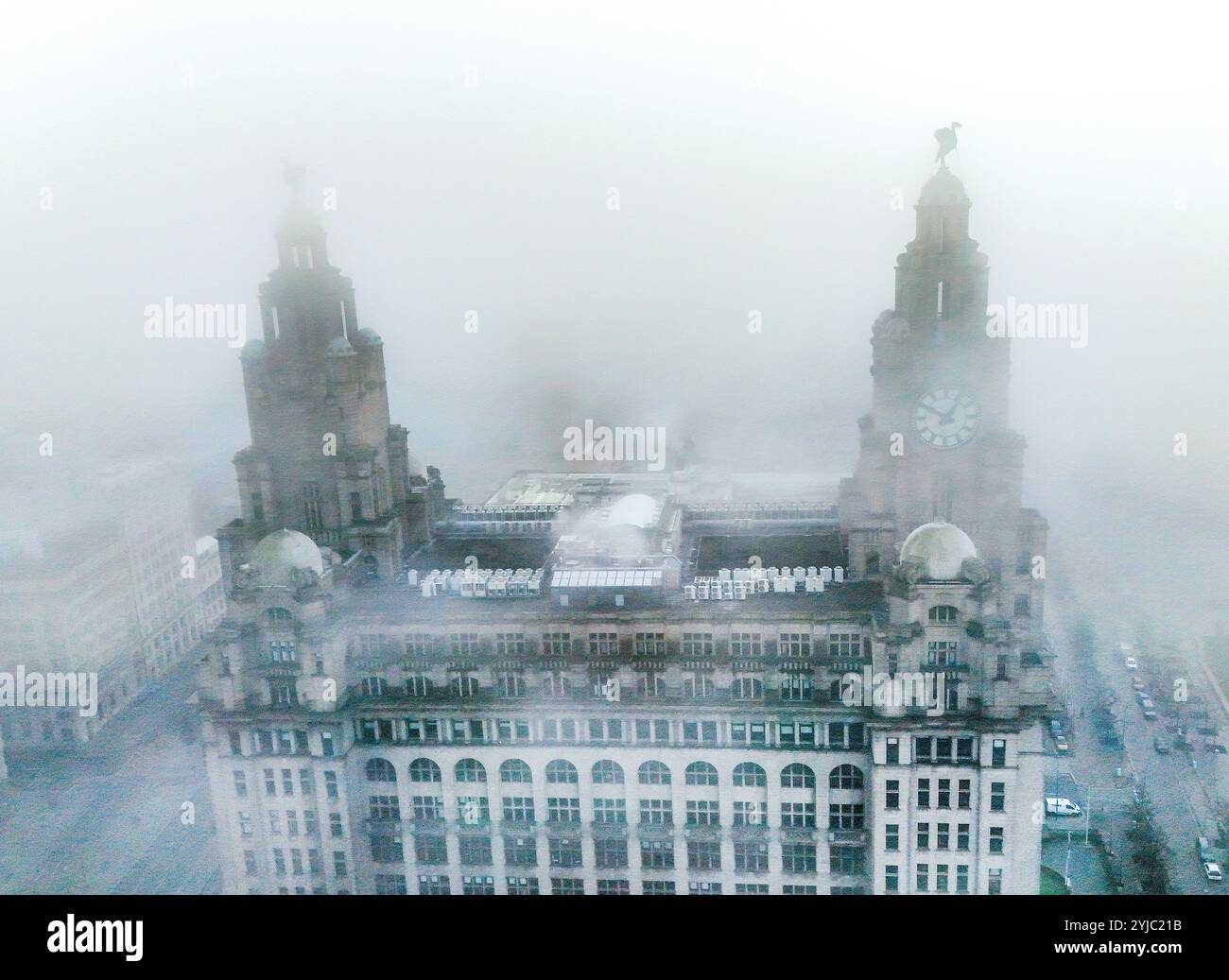An aerial view of the Royal Liver Building in Liverpool surrounded by ...