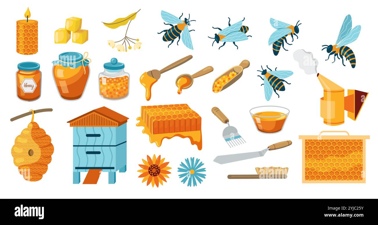 Honey and apiary products. Beekeeping bee honeybee products, beehive ...