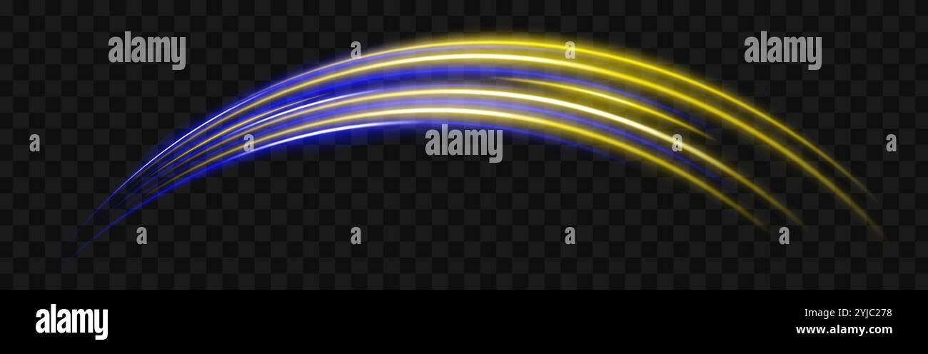 Yellow and blue light streaks with a curved beam reflection. Sci-fi ...