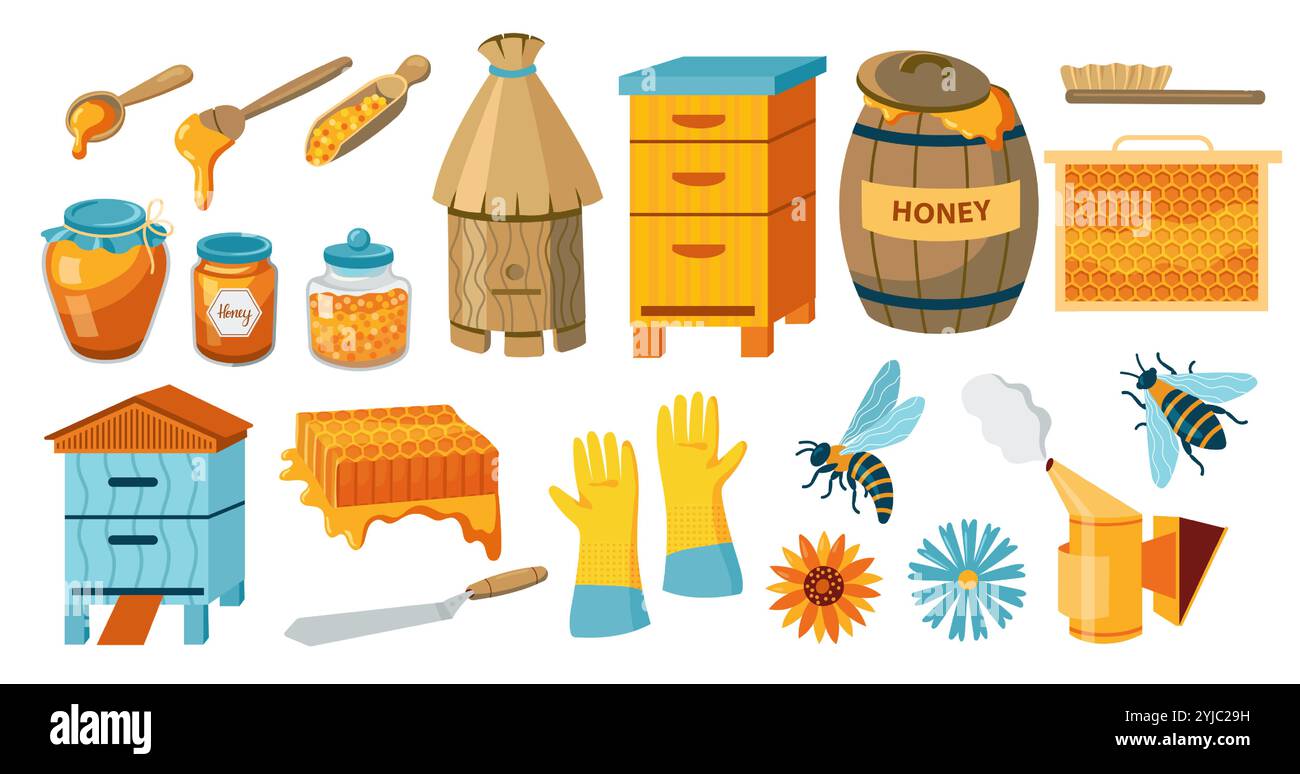 Cartoon honey collection. Doodle bee honeycomb beehive bee drops, sweet ...