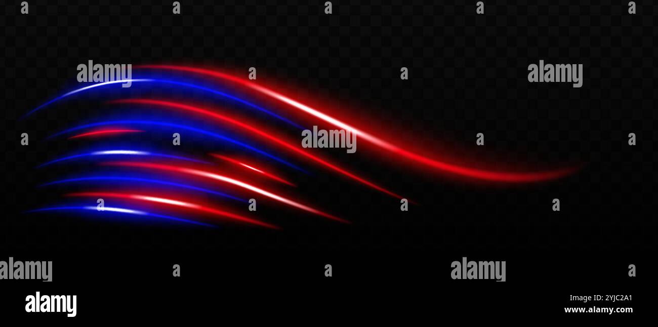 Red and blue curved light streaks with intense glare and reflective ...