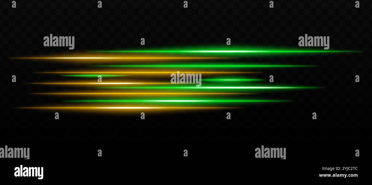 Horizontal green and yellow light streaks with intense glare and ...