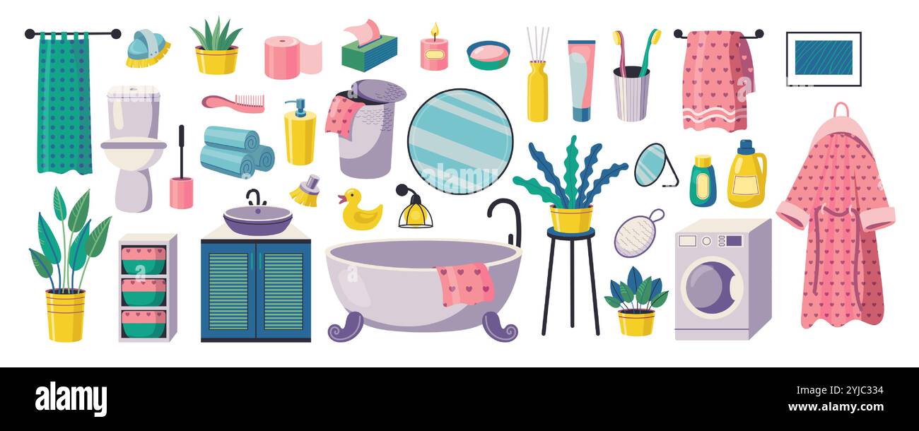 Bathroom accessories. Cartoon cute hygiene items and furniture, home ...