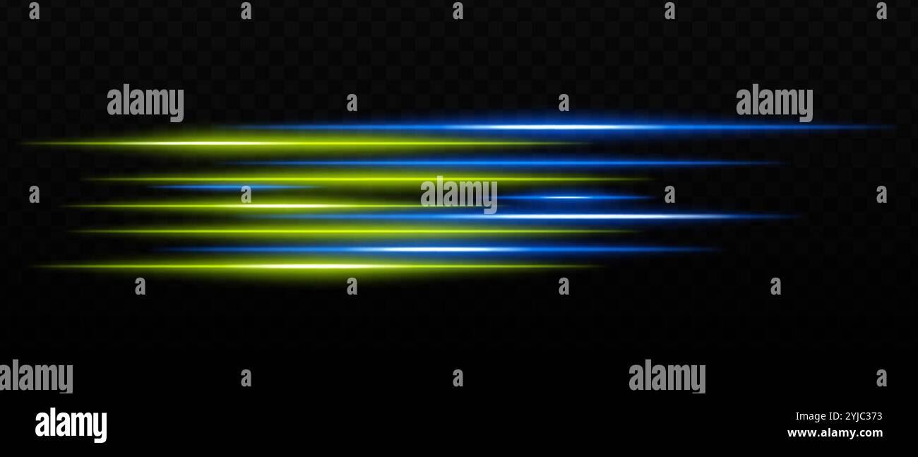 Horizontal green and blue light streaks with intense glare and ...