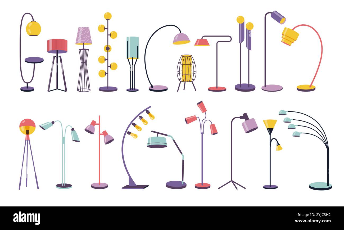 Floor lamps. Modern standing light equipment with different shades ...