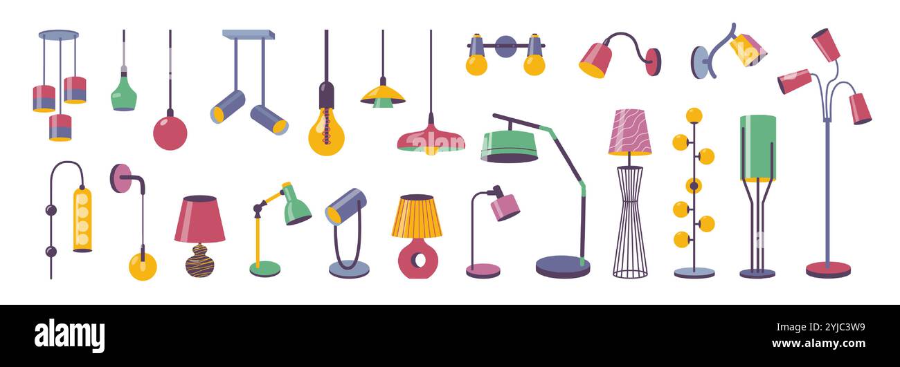 Cartoon interior lamps. Modern home lights, trendy bedside table and ...