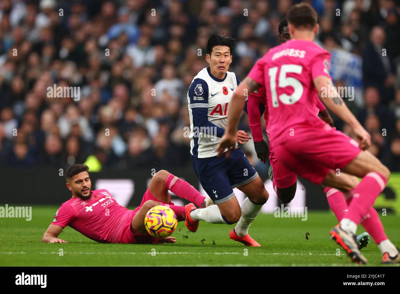 Sam Morsy of Ipswich Town tackles Son Heung-Min of Tottenham Hotspur ...