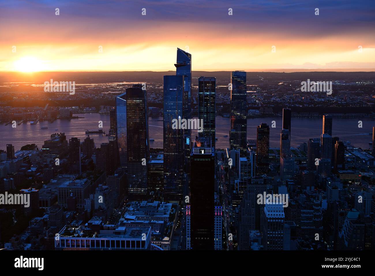 Sunset over New York City Skyline with Hudson River Views Stock Photo ...