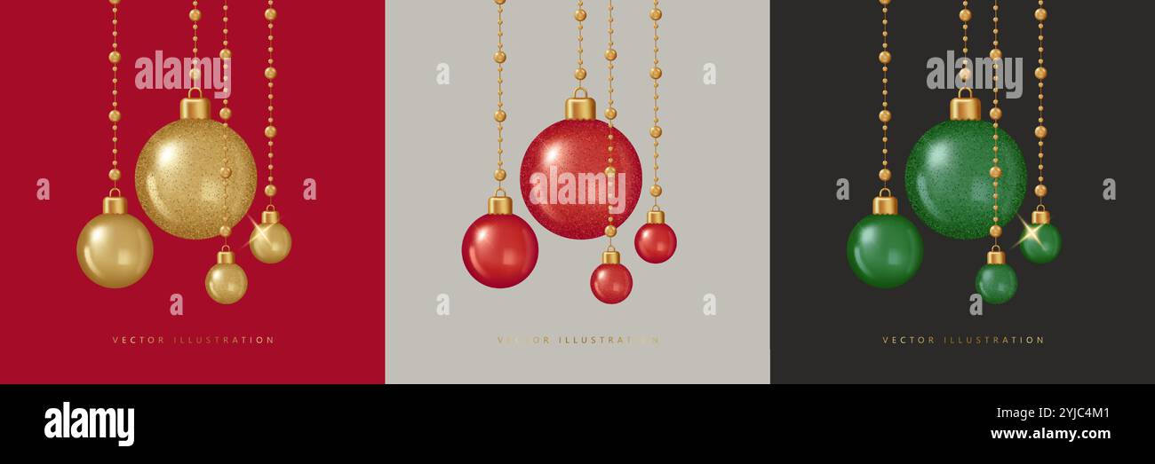 Festive Christmas Balls Hanging on Gold Thread. 3D Realistic Vector ...