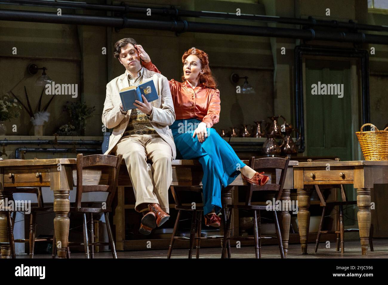 London, UK. November 13, 2024. Thomas Atkins (Nemorino), Rhian Lois (Adina) in the new English ...