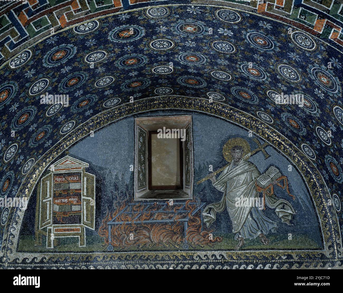 Mosaic of Roman Saint martyr Lawrence as deacon with cross, fire of his ...