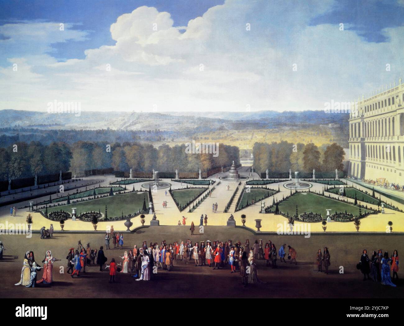 King Louis XIV and his court, outside of the Palace of Versailles, 1688 ...