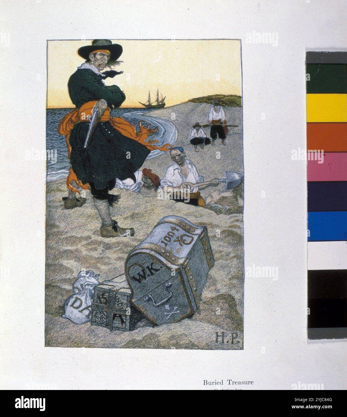 Pirate William Kidd with his swag, from Harpers Monthly, 1911. Author ...