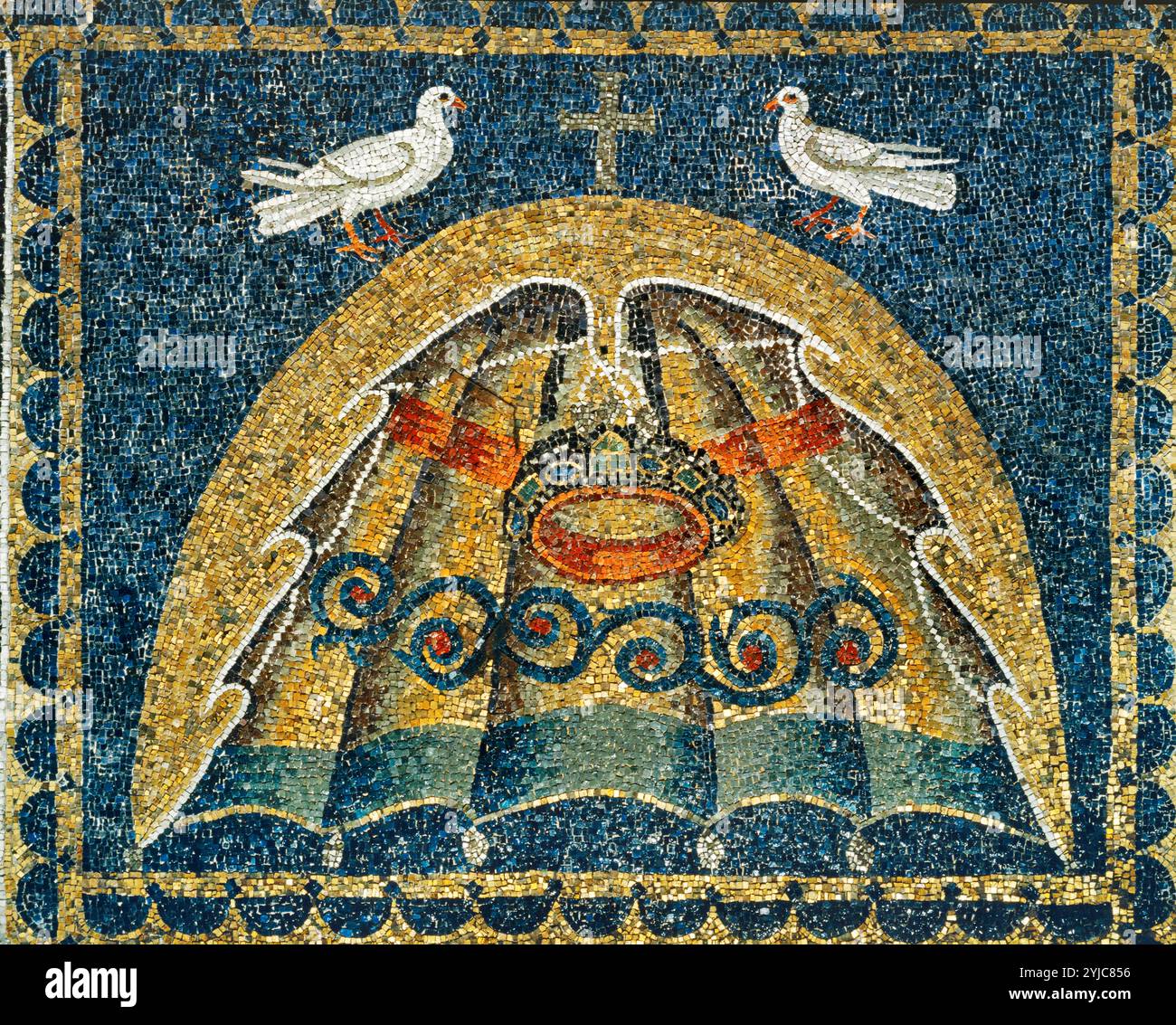 Umbraculum or bower in form of shell with doves as sign of peace ...