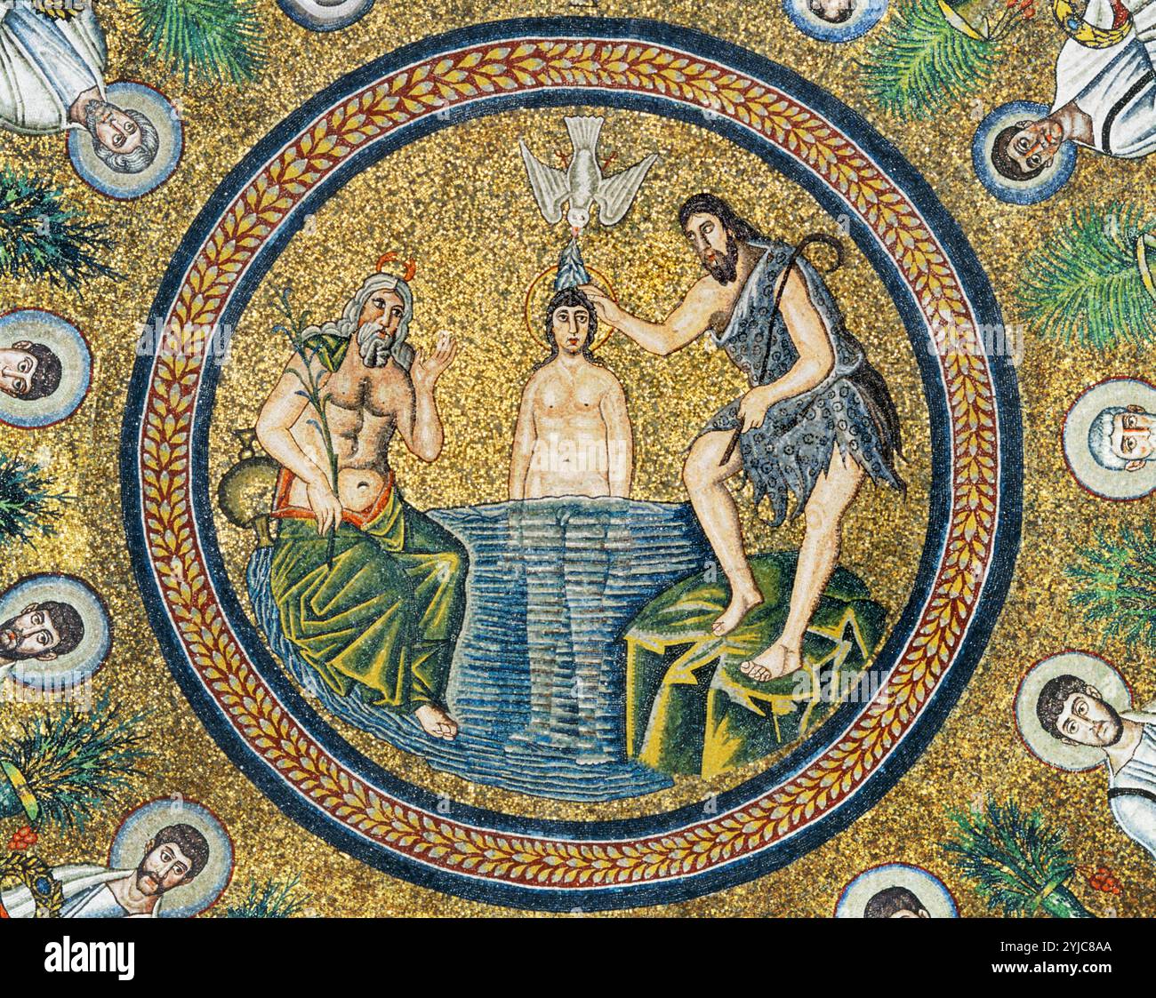 Cupola moasic of Baptism of Christ by John Baptist with the River God of jordan in Baptistery of ...