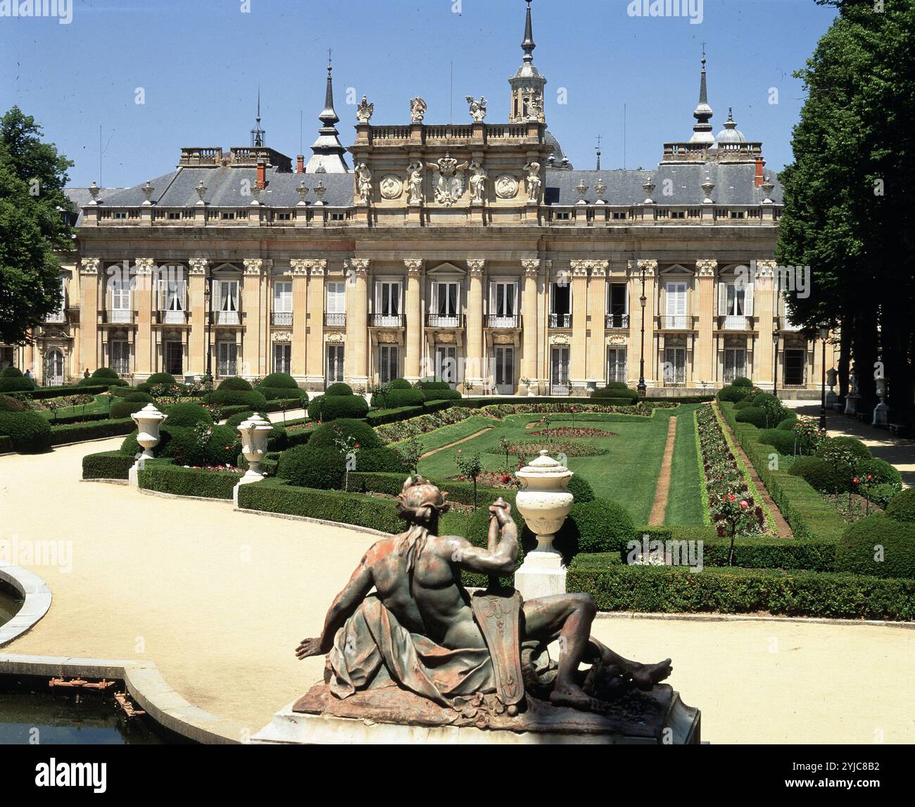 Royal Palace, San Ildefonso. Main facade of the Palace with the figure ...