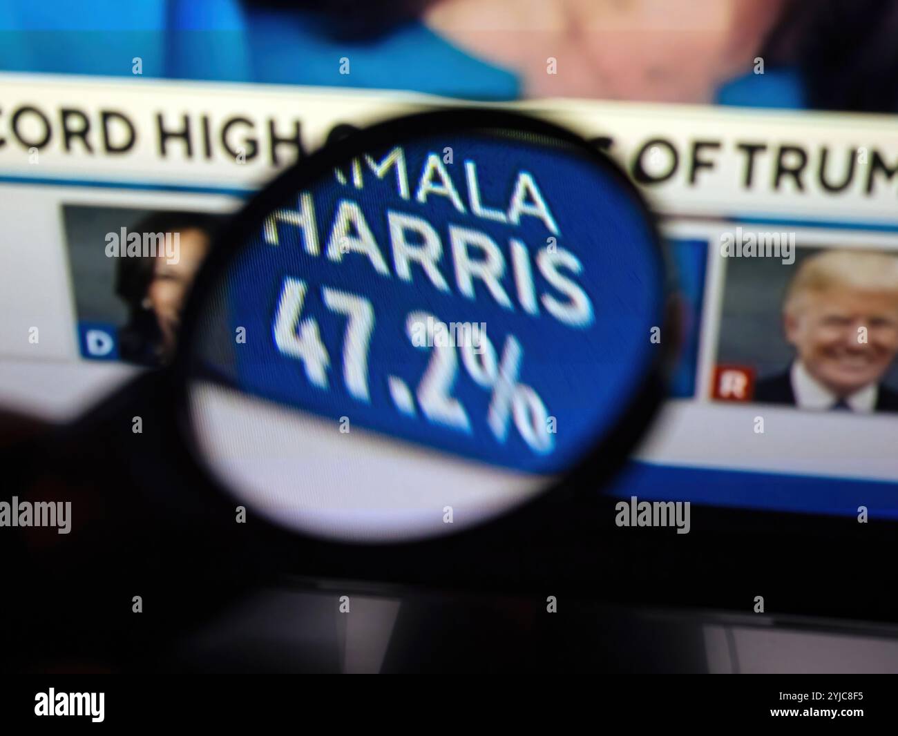 Paris, France - Nov 6, 2024: Magnifying glass highlighting Kamala ...