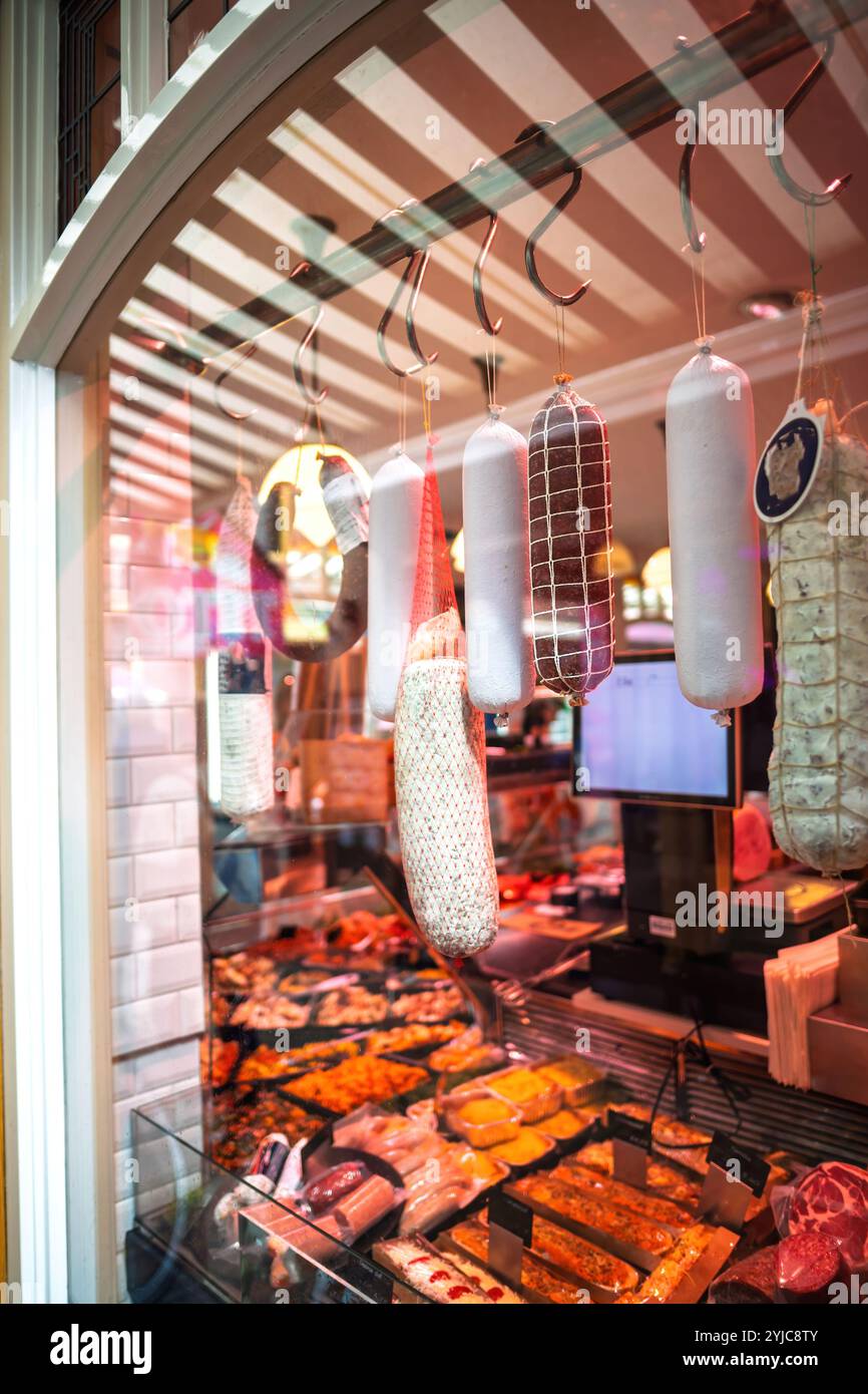 Assorted meats displayed in a Dutch butcher shop window in Alkmaar ...