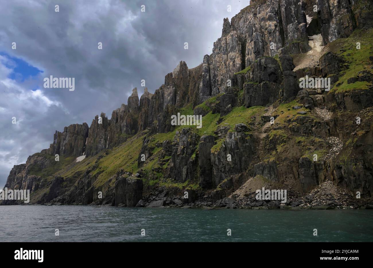 The spectacular Alkefjellet cliff with guillemots, dolerite columns ...