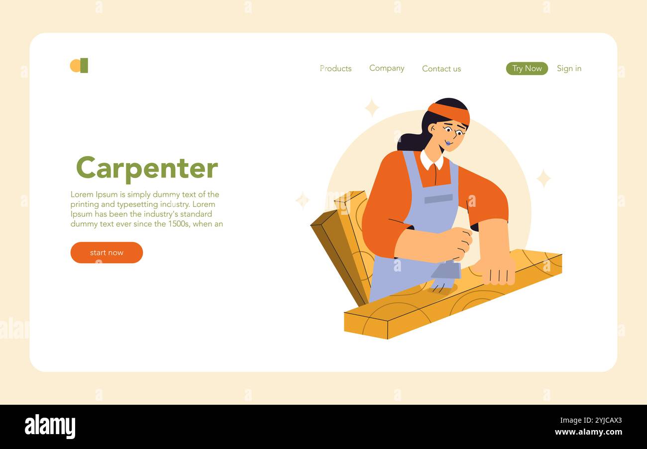 Carpentry concept. Confident female carpenter working with wood in a workshop. Skilled trade ...