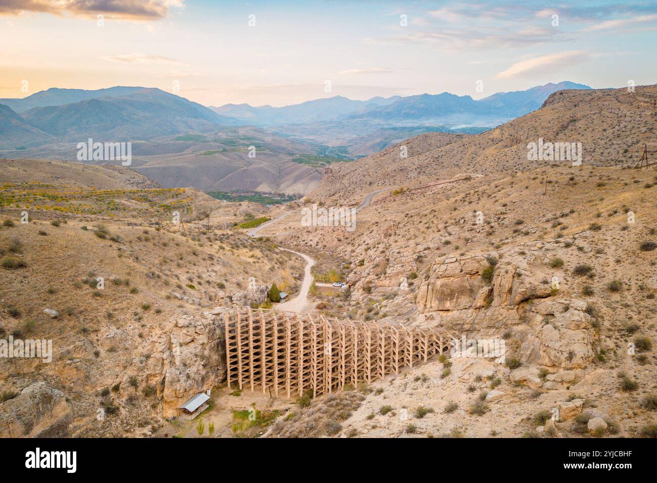 Aerial landscape view authentic mudflow control dam in Areni village ...
