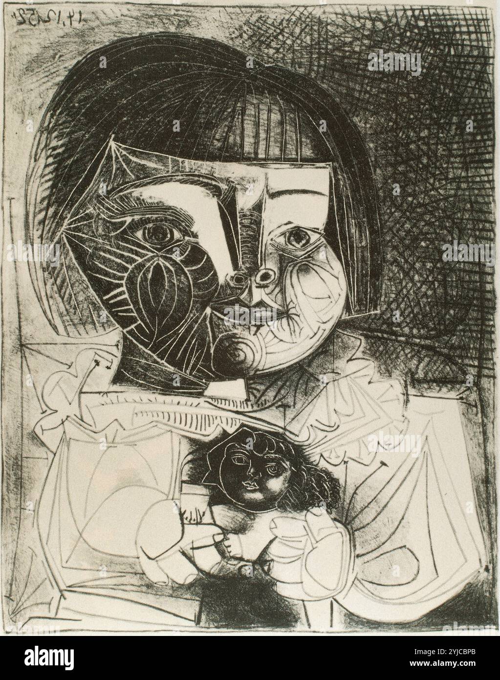 Pablo Ruiz Picasso (1881-1973). Spanish painter. Paloma and her doll, black background, 1952 ...