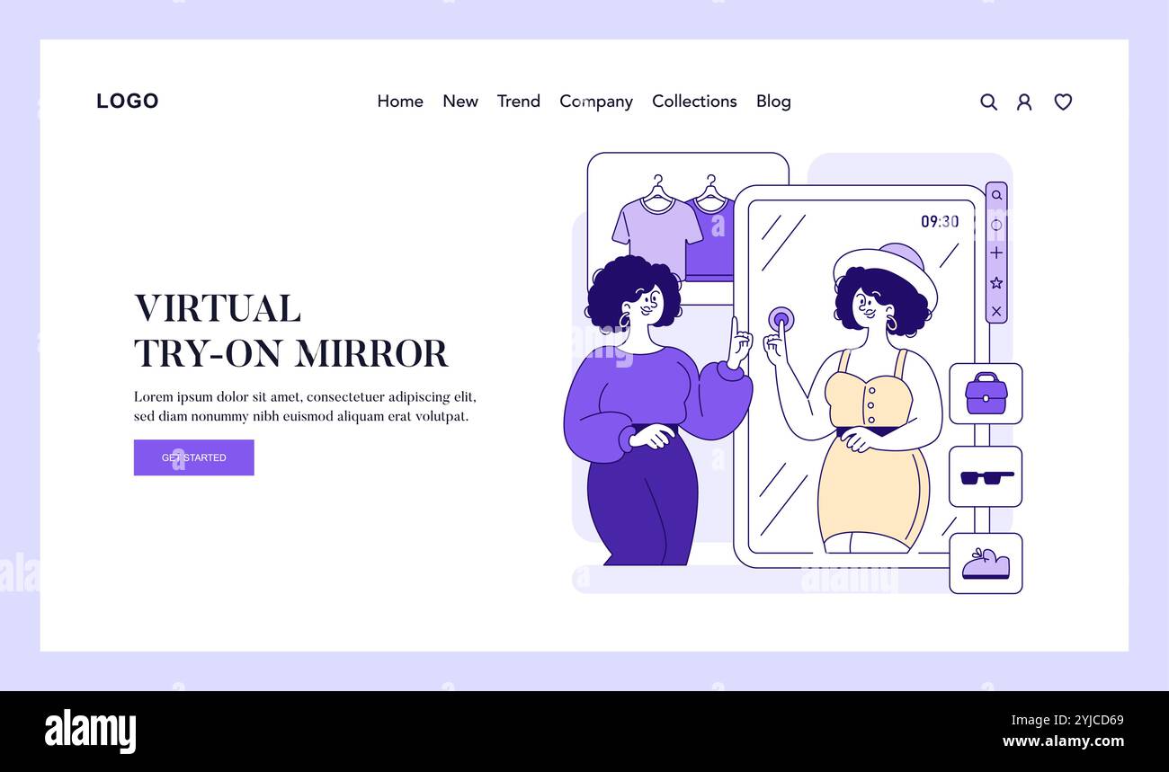 AI Stylist concept. Woman interacts with a digital try-on mirror ...
