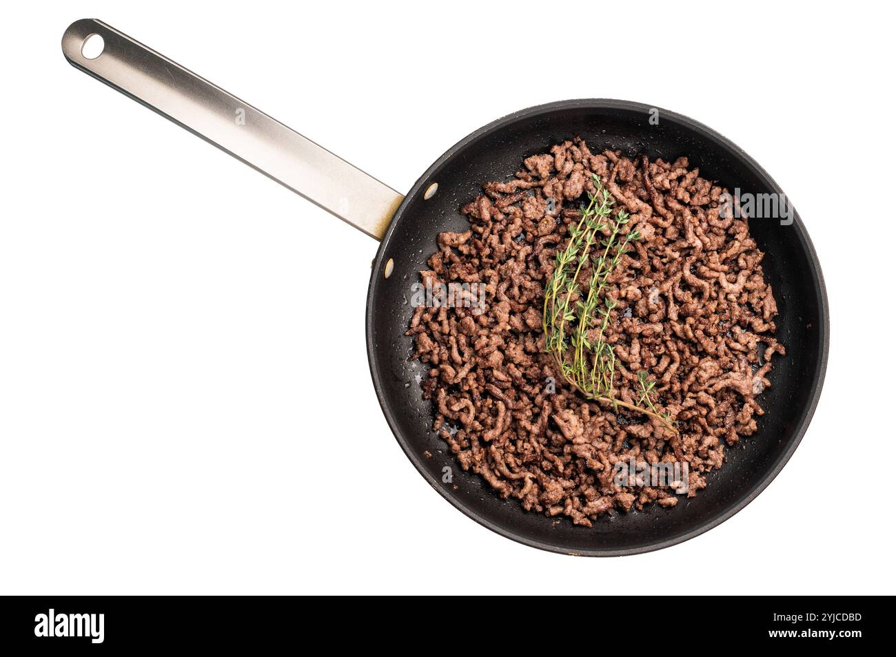Frying Pan with fried mince beef meat, fresh cooked forcemeat isolated ...