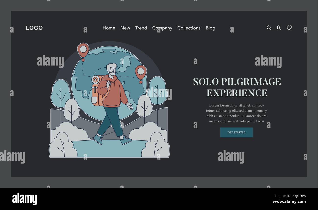 Pilgrimage concept. Spiritual journey of a man exploring globe's sacred spots, symbolized by map ...