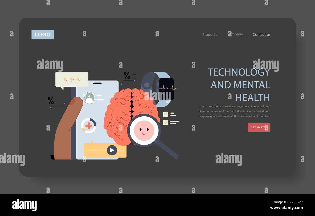 Mental Health Technology concept. A brain illustration highlights the ...