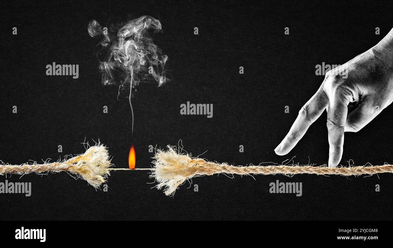 Fingers Walking Over Burning Frayed Rope About to Break in Black and ...